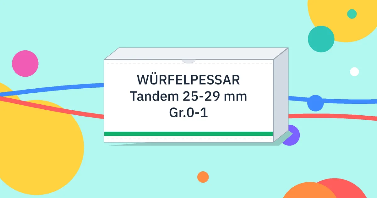 Symbolbild: Packung mit der Aufschrift WÜRFELPESSAR Tandem 25-29 mm Gr.0-1 (PZN 06499236) – Verfügbarkeit und Bezug in Apotheken in Frankfurt am Main