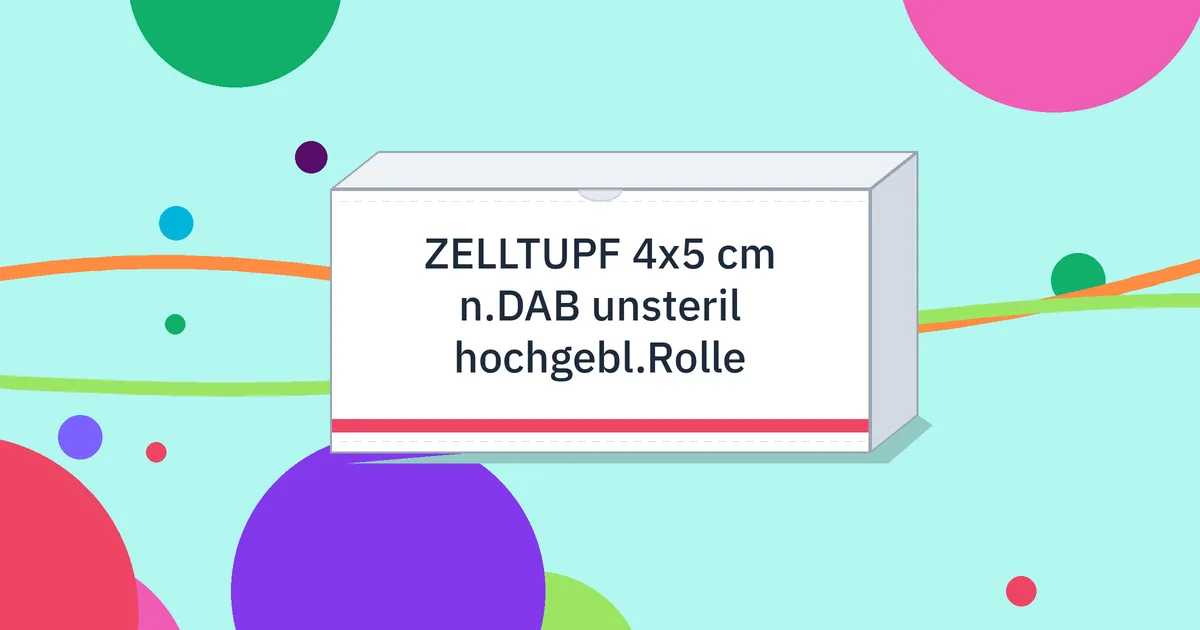 Symbolbild: Packung mit der Aufschrift ZELLTUPF 4x5 cm n.DAB unsteril hochgebl.Rolle (PZN 08820263) – Verfügbarkeit und Bezug in Apotheken in Frankfurt am Main