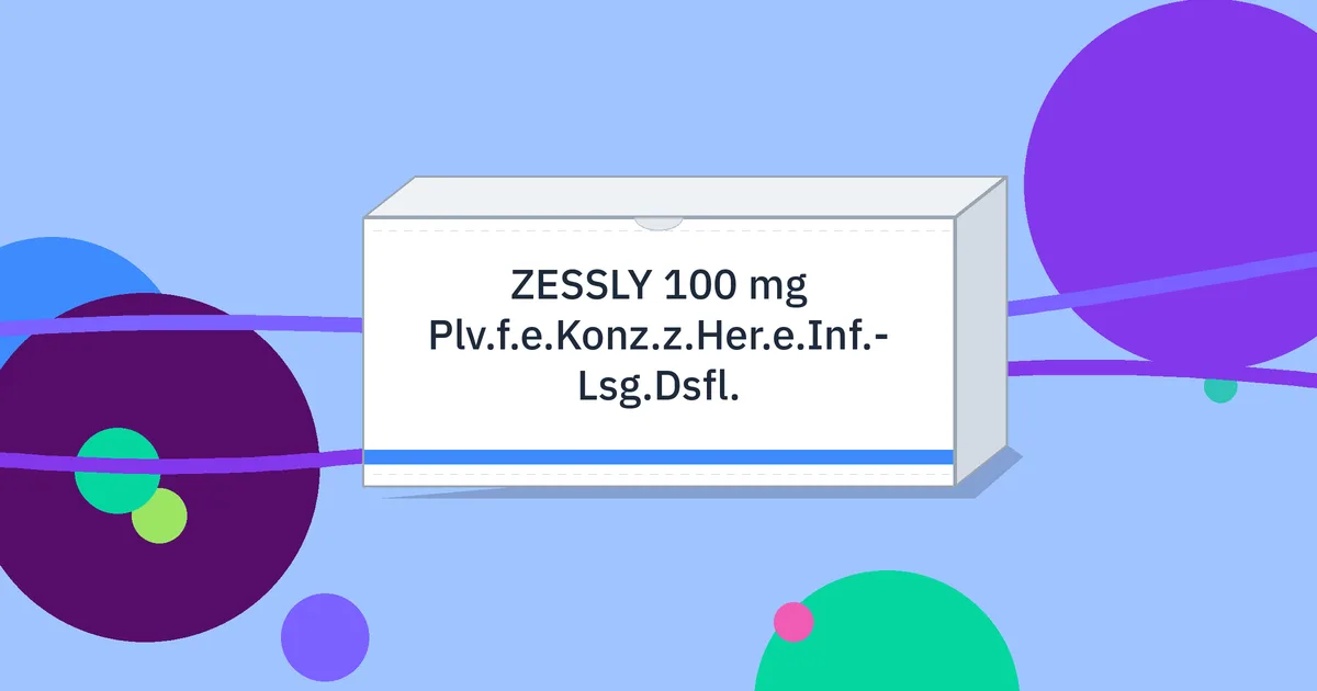 Symbolbild: Packung mit der Aufschrift ZESSLY 100 mg Plv.f.e.Konz.z.Her.e.Inf.-Lsg.Dsfl. (PZN 17468575) – Verfügbarkeit und Bezug in Apotheken in Frankfurt am Main
