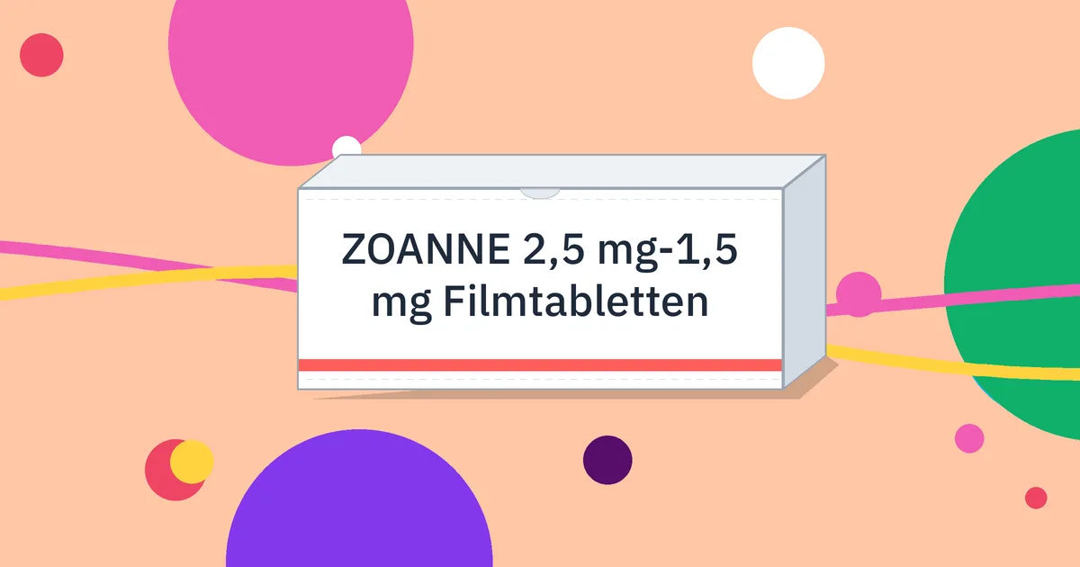Symbolbild: Packung mit der Aufschrift ZOANNE 2,5 mg-1,5 mg Filmtabletten (PZN 18371576) – Verfügbarkeit und Bezug in Apotheken in Frankfurt am Main