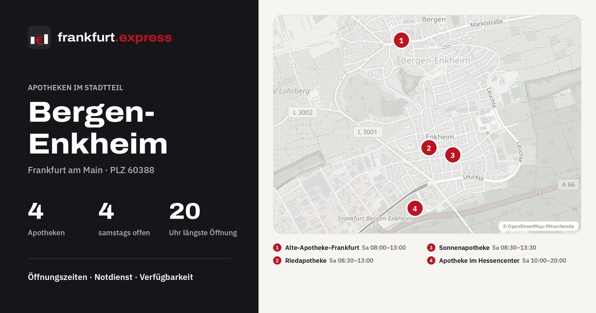 Karte der 4 Apotheken in Frankfurt-Bergen-Enkheim mit Samstagsöffnung