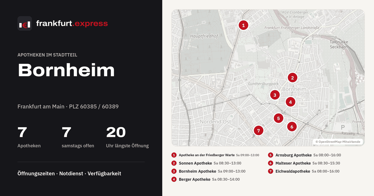 Karte der 7 Apotheken in Frankfurt-Bornheim mit Samstagsöffnung