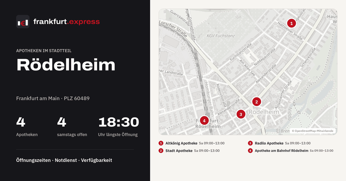 Karte der 4 Apotheken in Frankfurt-Rödelheim mit Samstagsöffnung